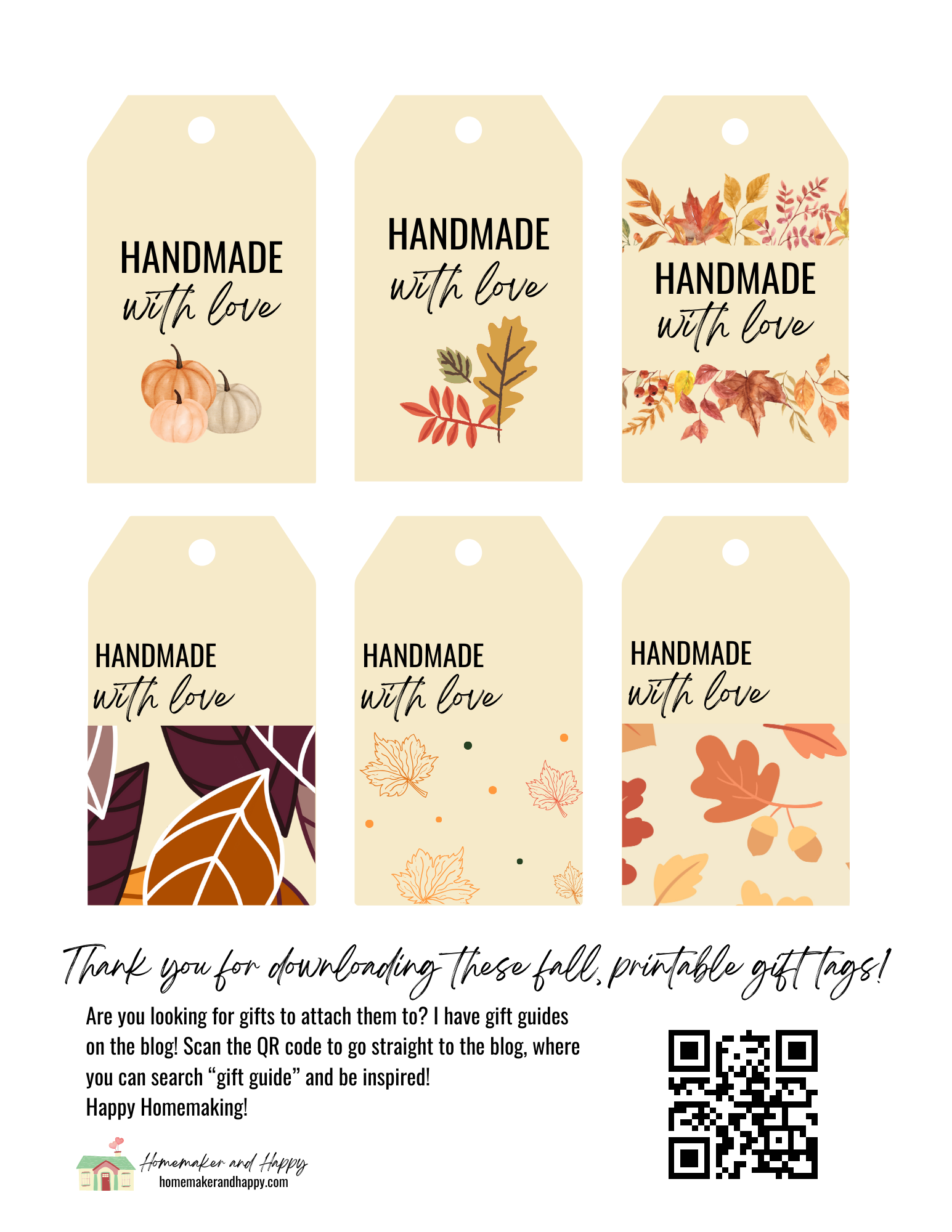 Free " Handmade with Love" Printable Gift Tag for Fall - Homemaker and ...